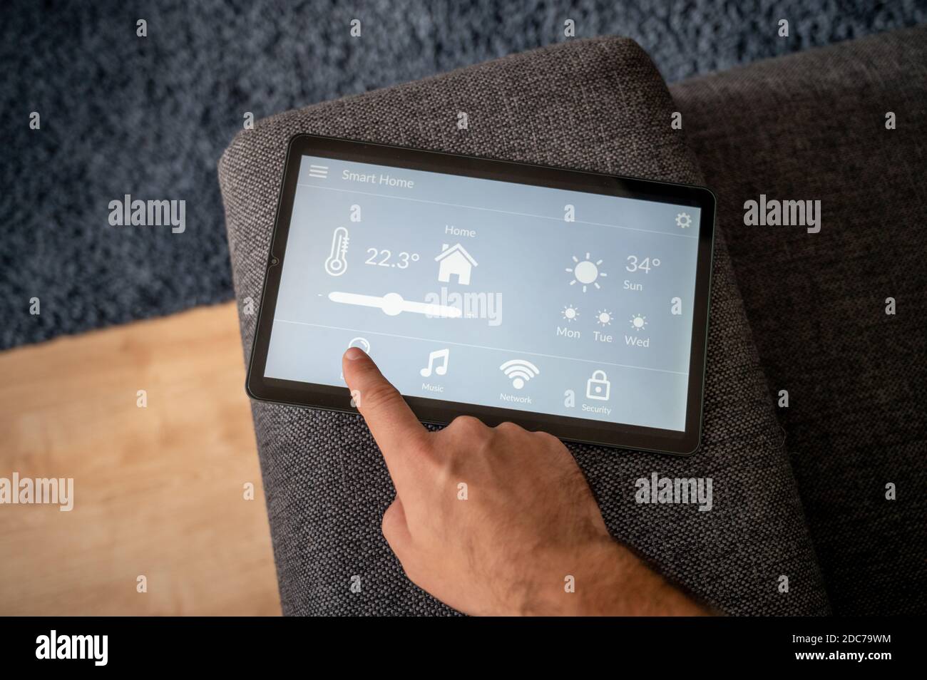 modern smart home control app with flat interface on black tablet ...