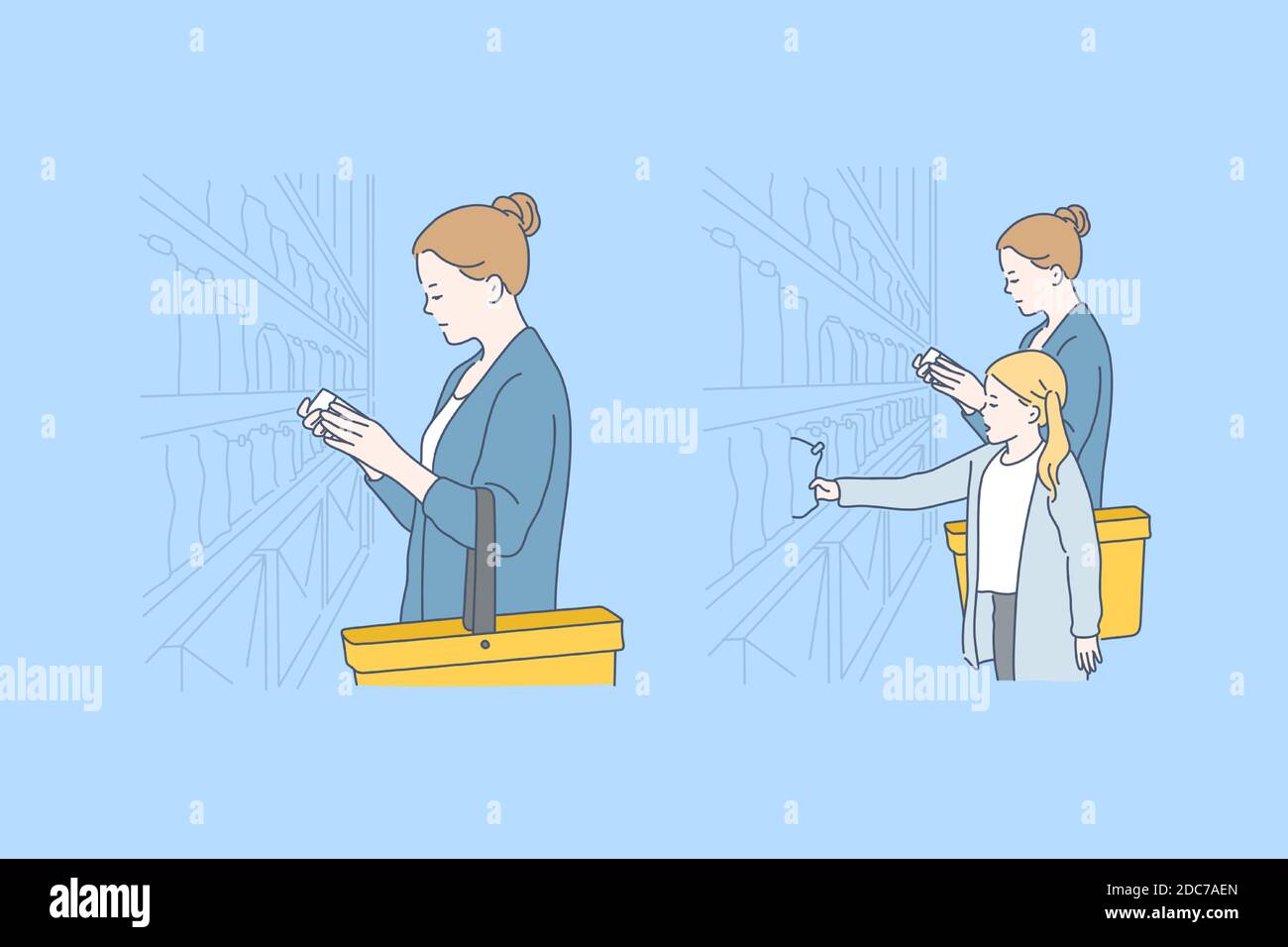 Product choice, people in supermarket concept. Family shopping, young ...