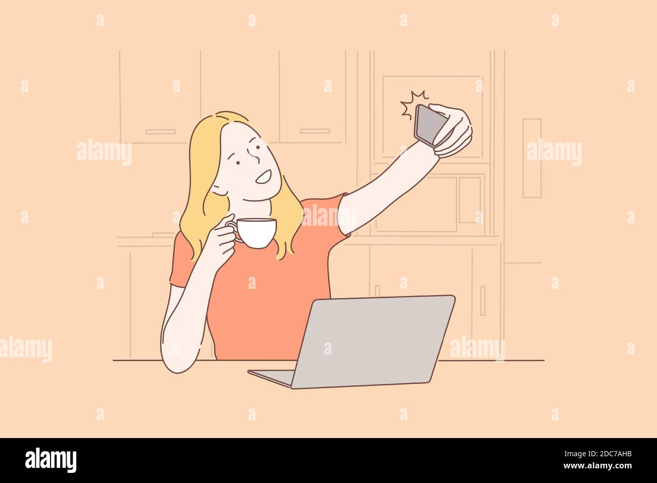 Social media, addiction, selfie, technology concept. Happy woman ...