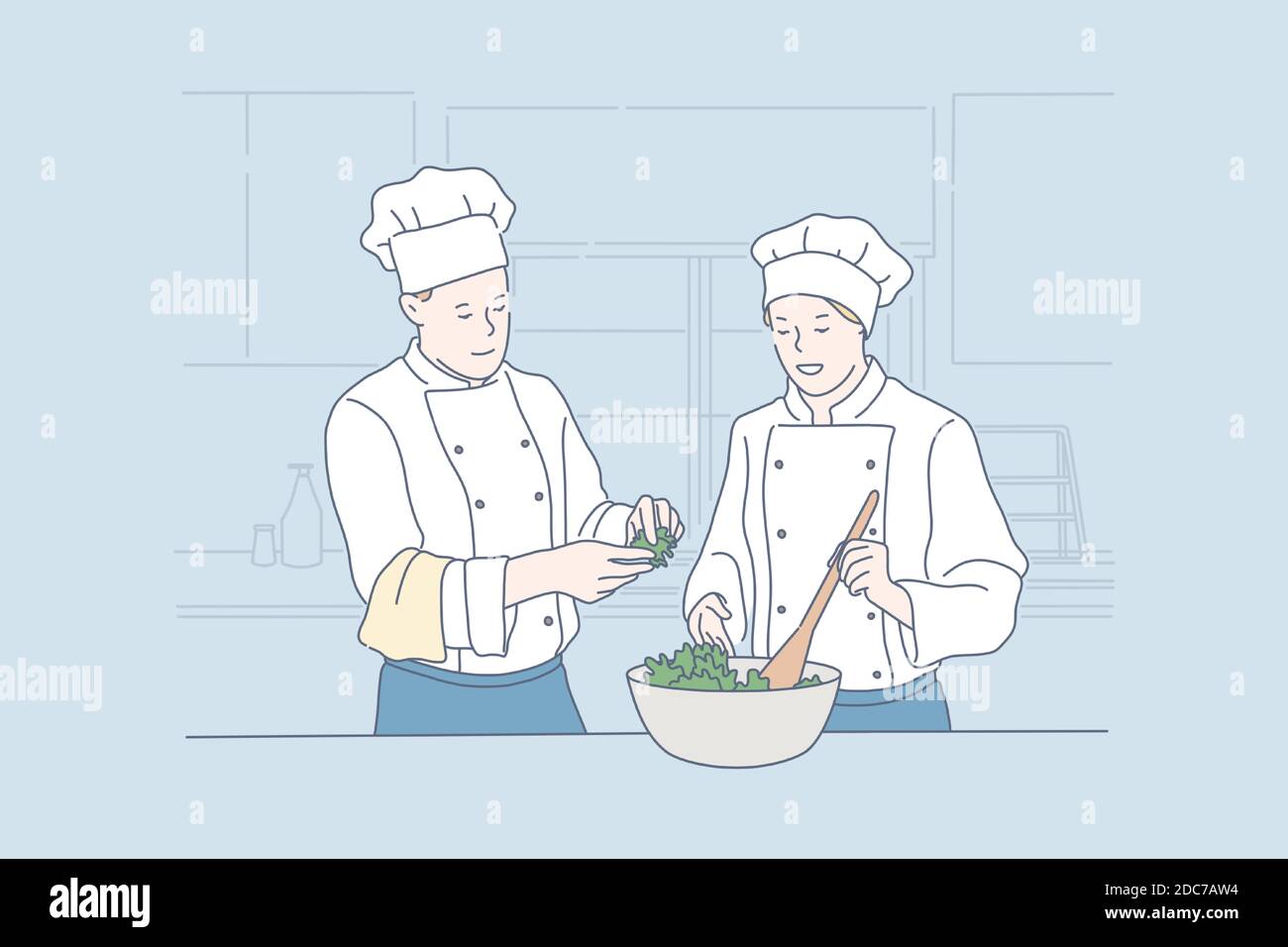 Teamwork, cooking, restaurant, food concept. Young man and happy woman ...