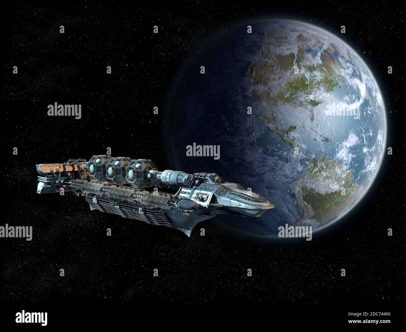 Detailed spaceship in near Earth orbit for futuristic space travel ...