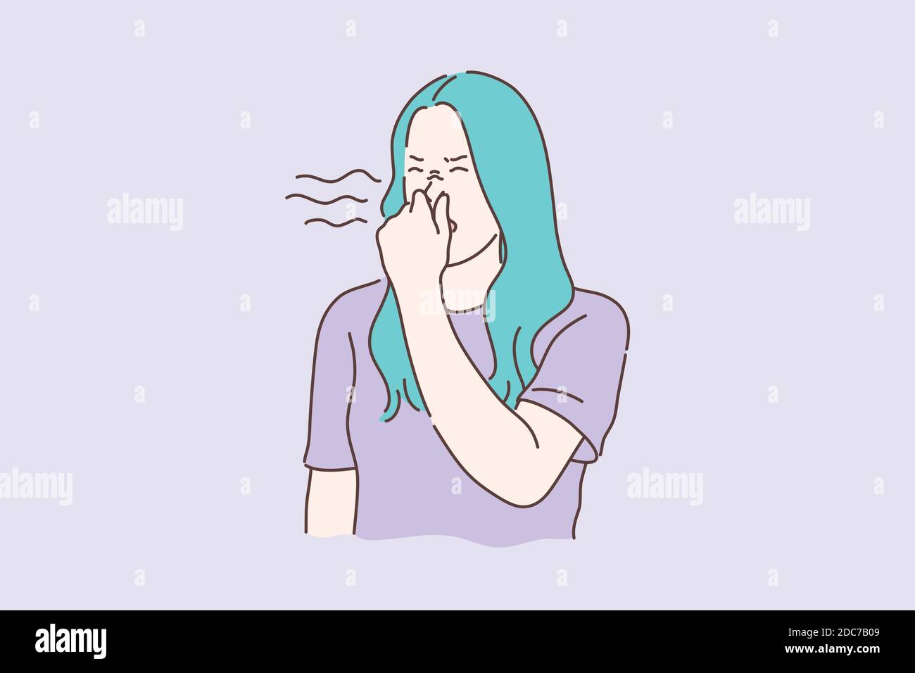 Stink, smell, disgust concept. Young unhappy dissatisfied woman covers ...