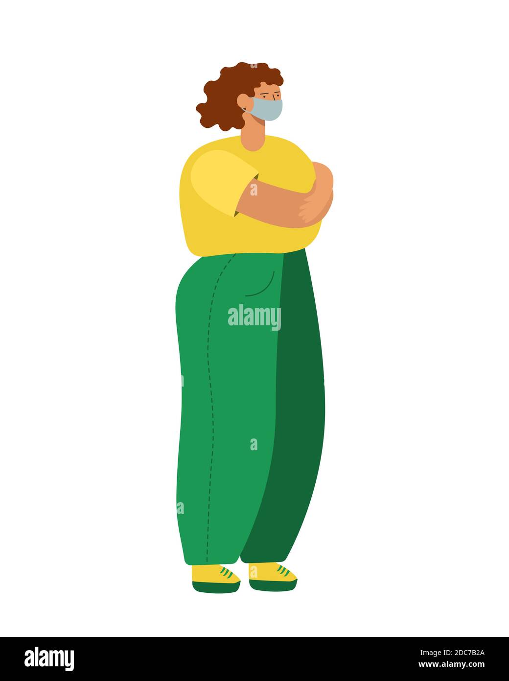 Young modern woman in a medical mask stands, side view. vector ...