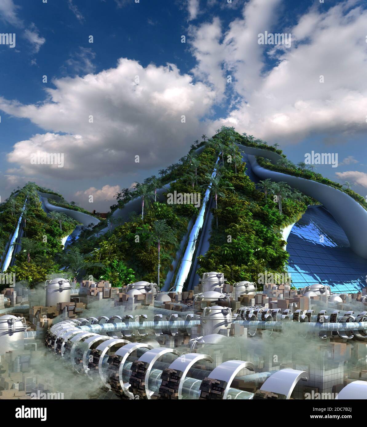 3D Illustration of a futuristic polluted city with oasis of vertical ...