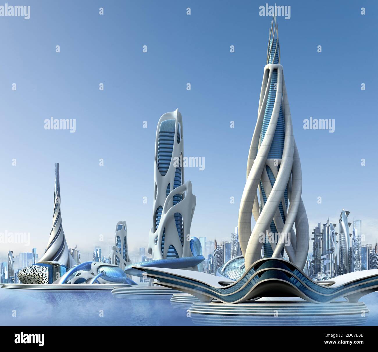 3D futuristic city with a marina skyline and organic high-rise ...