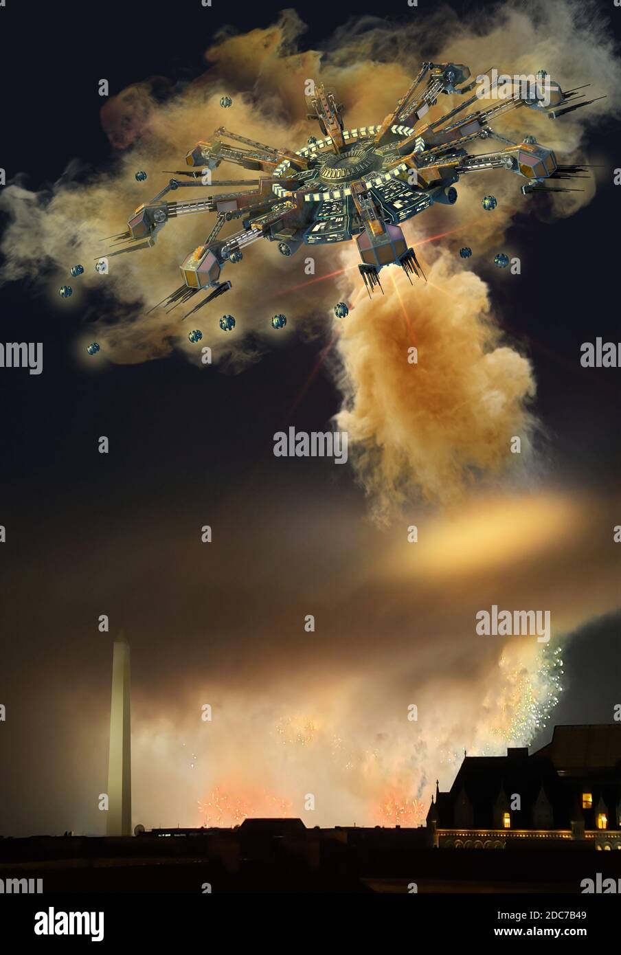 3D Illustration of an alien spaceships and drones over Washington DC ...
