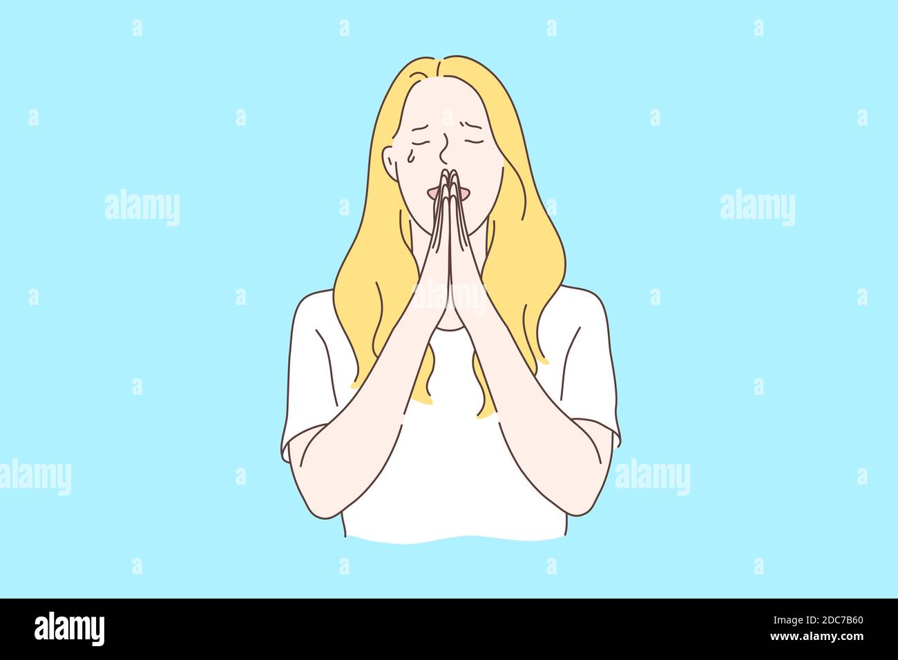 Praying, asking for God help concept. Young girl with folded hands and ...