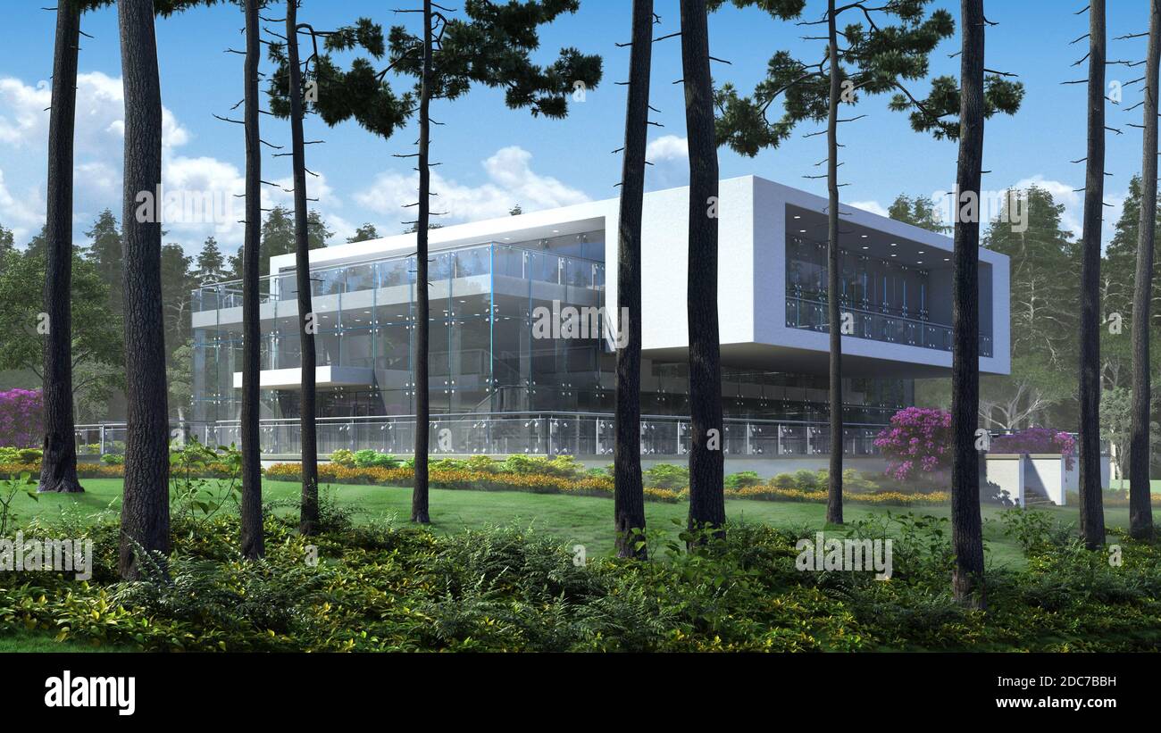 3D Illustration of a modern luxury house in a pine tree forest, for ...