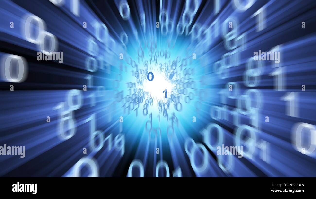 3D Illustration abstract background with zeros and ones emanating from a light source at the end ...