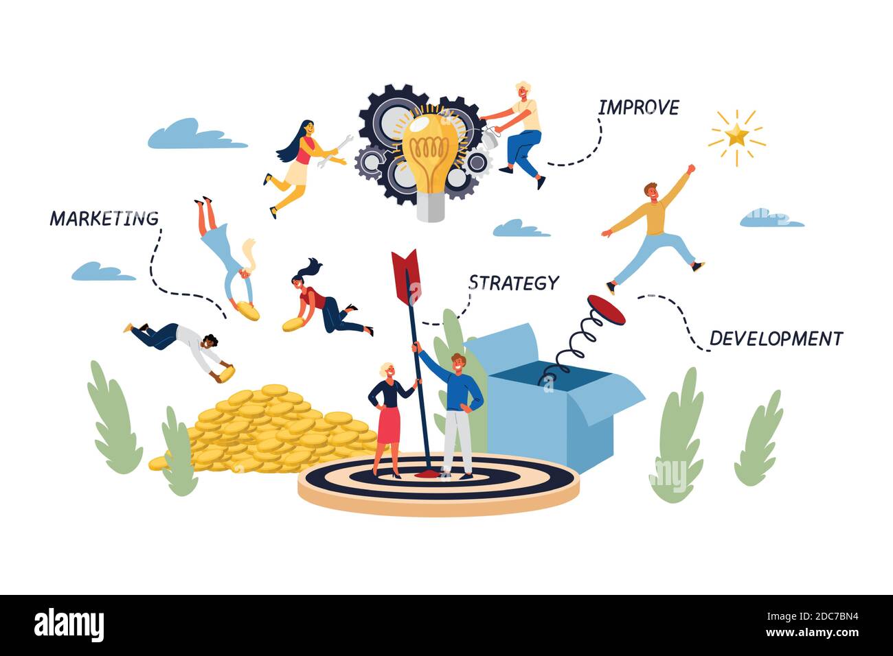 Business Concept of Target, Goal, Achievement and Teamwork. Cartoon ...