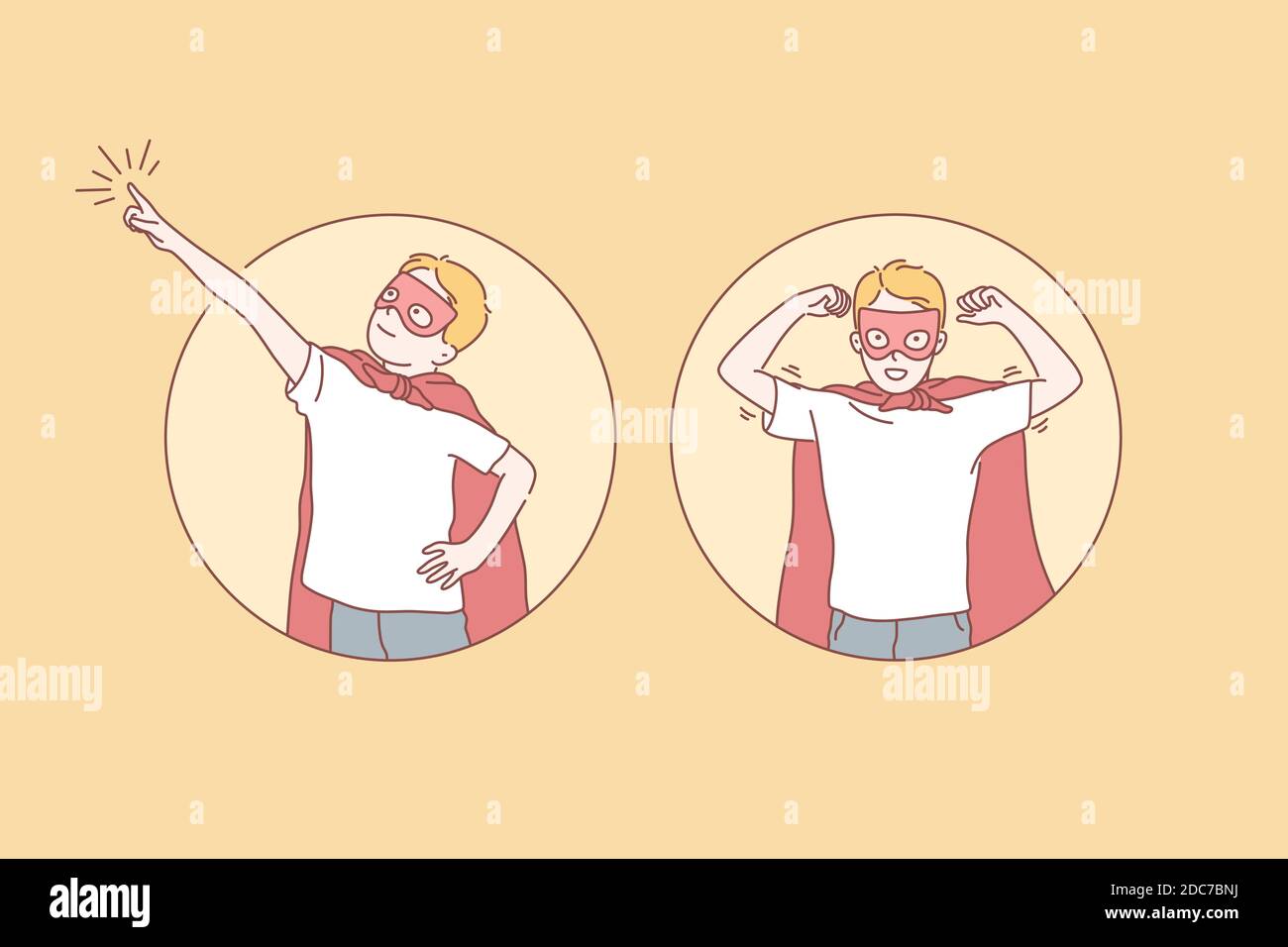 Boy, superhero, goal achievement, dream set concept. Little boy plays ...