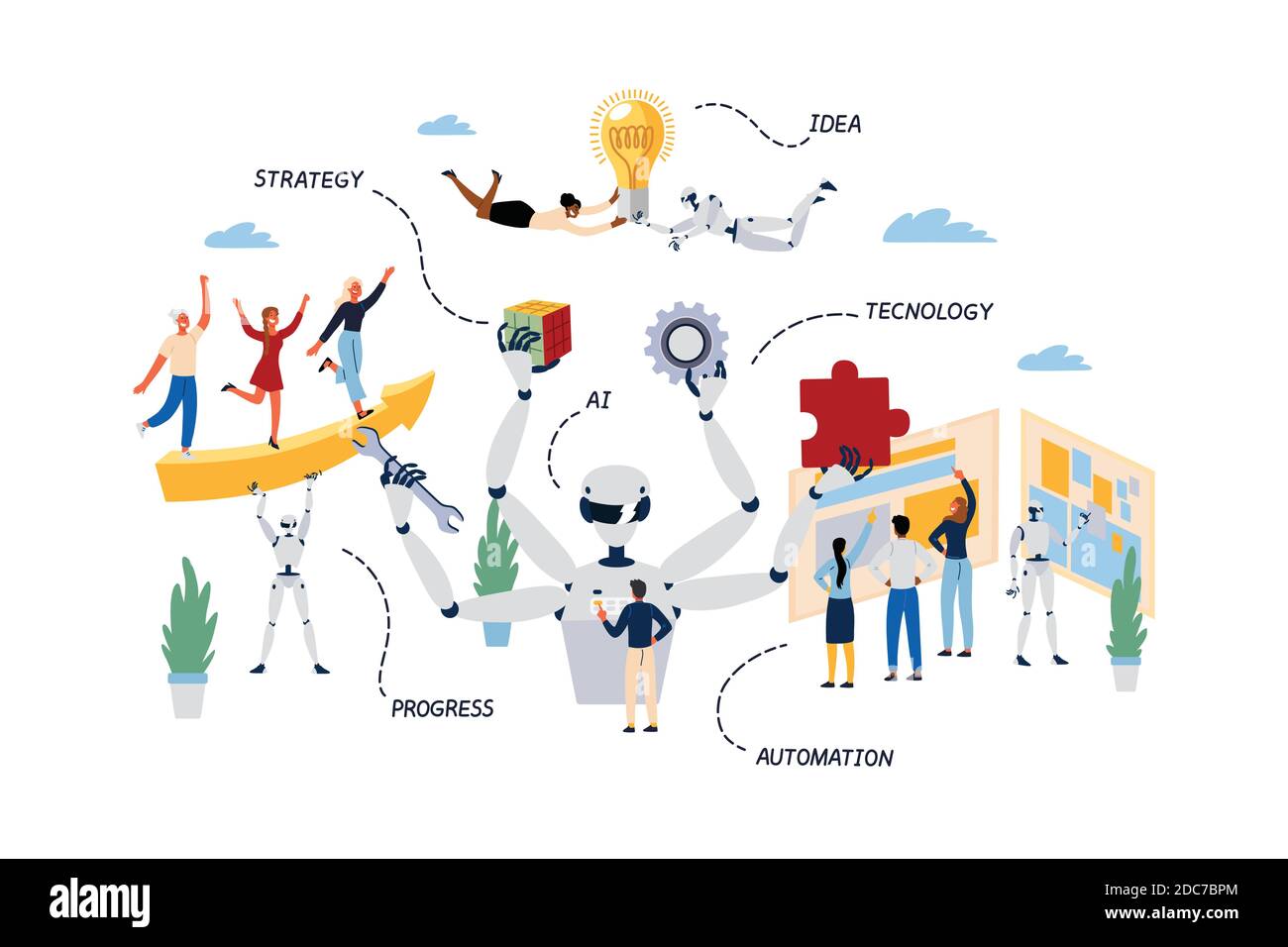 Business Concept of Robotic Process Automation, RPA. Cartoon flat ...
