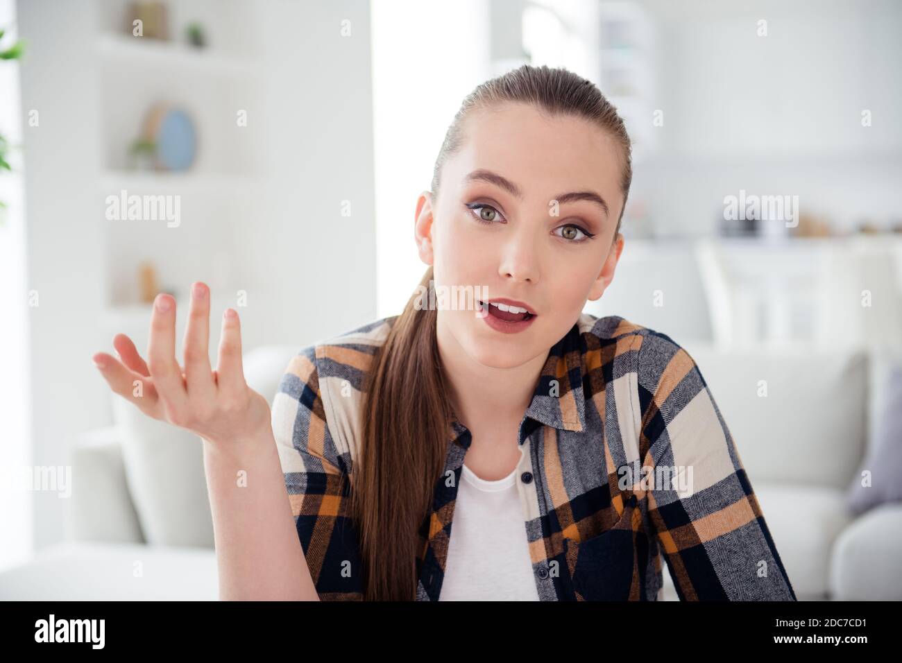 Closeup photo of young lady student talk meeting video call online ...