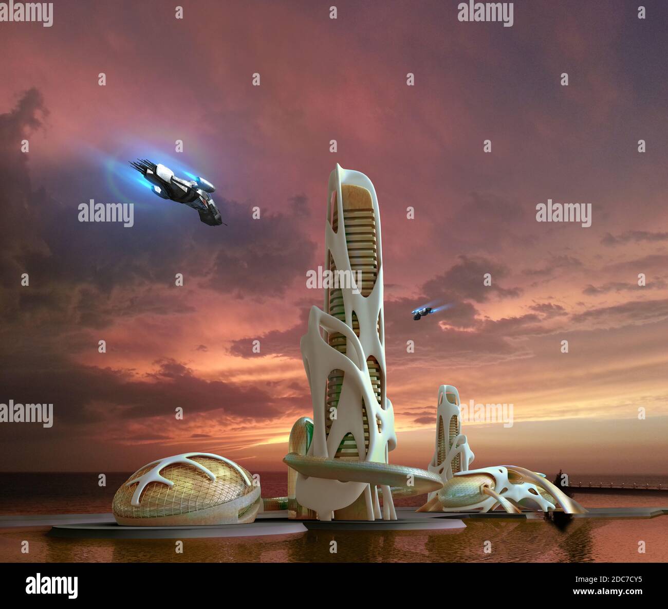 Marina city skyline with futuristic, organic architectural structures ...