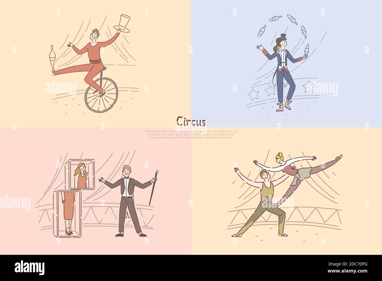 Circus performers in arena, illusionist showing magical tricks, juggler ...