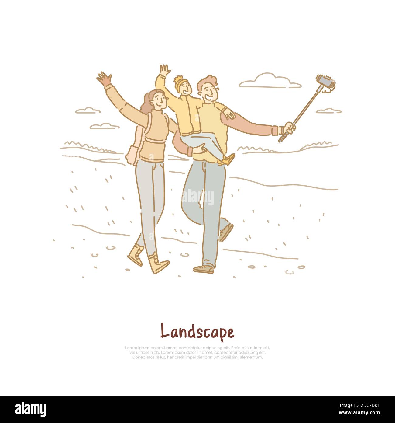 Happy parents with daughter taking selfie together, backpackers with ...