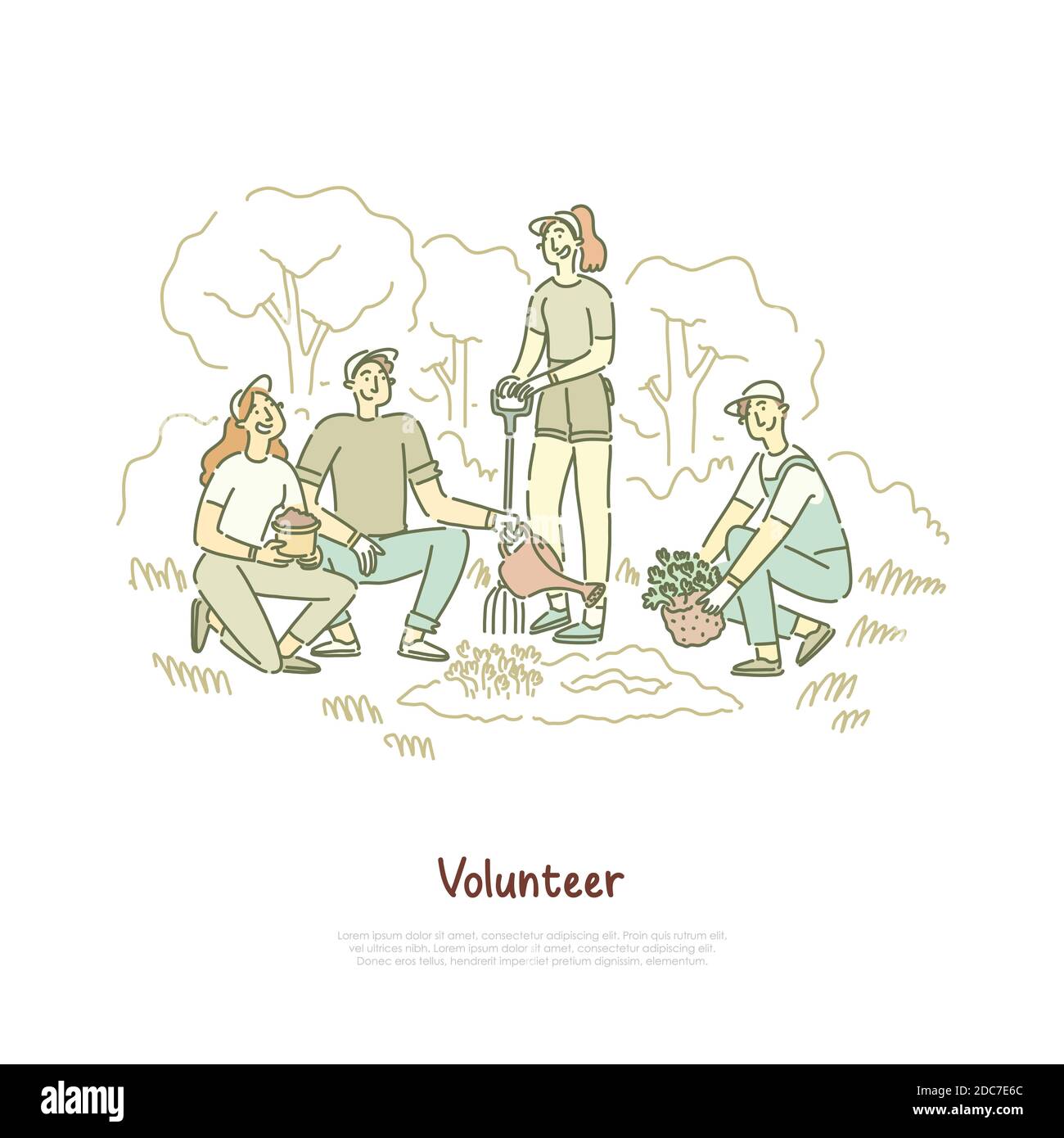 Friends, volunteers planting tree seedling, men and women working ...