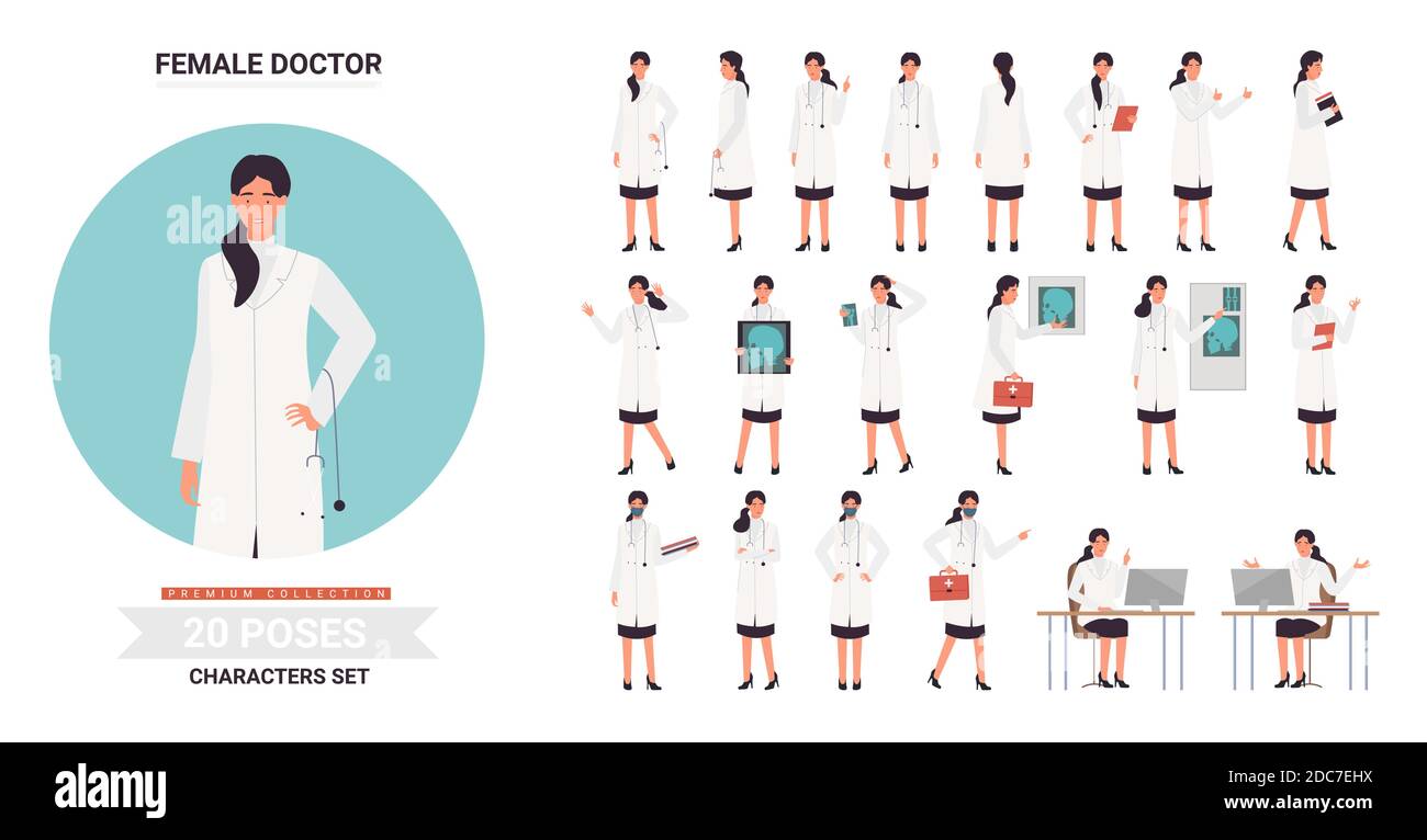 Doctor or nurse female character poses vector illustration set. Cartoon ...