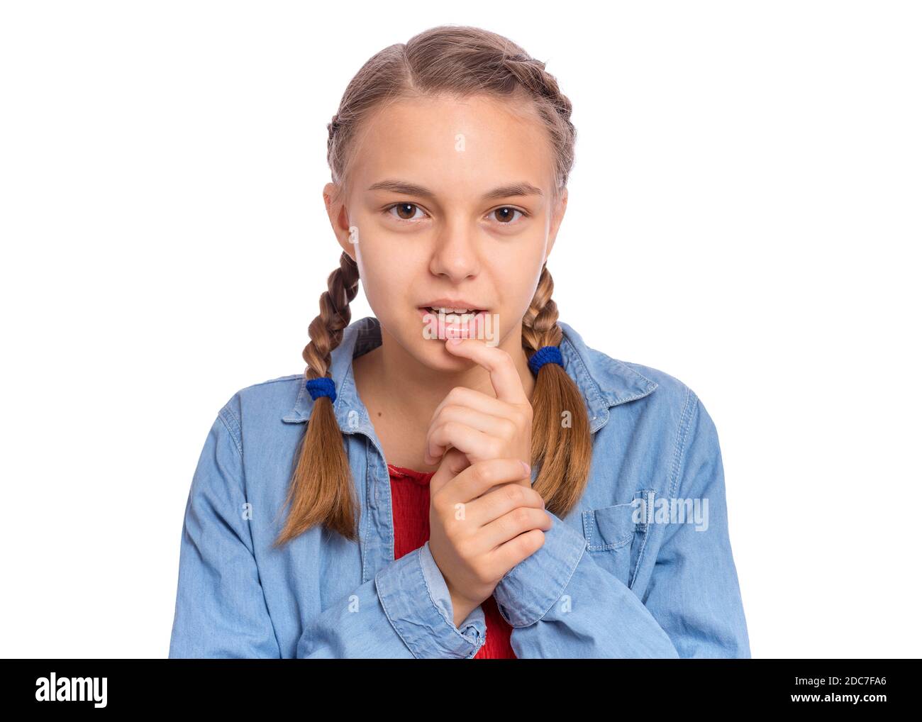 Emotional portrait of scared girl teenager, isolated on white ...