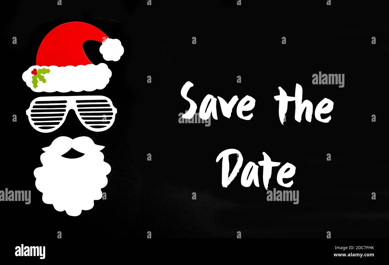 Santa Claus Paper Mask, Black Background, Text Save The Date Stock ...