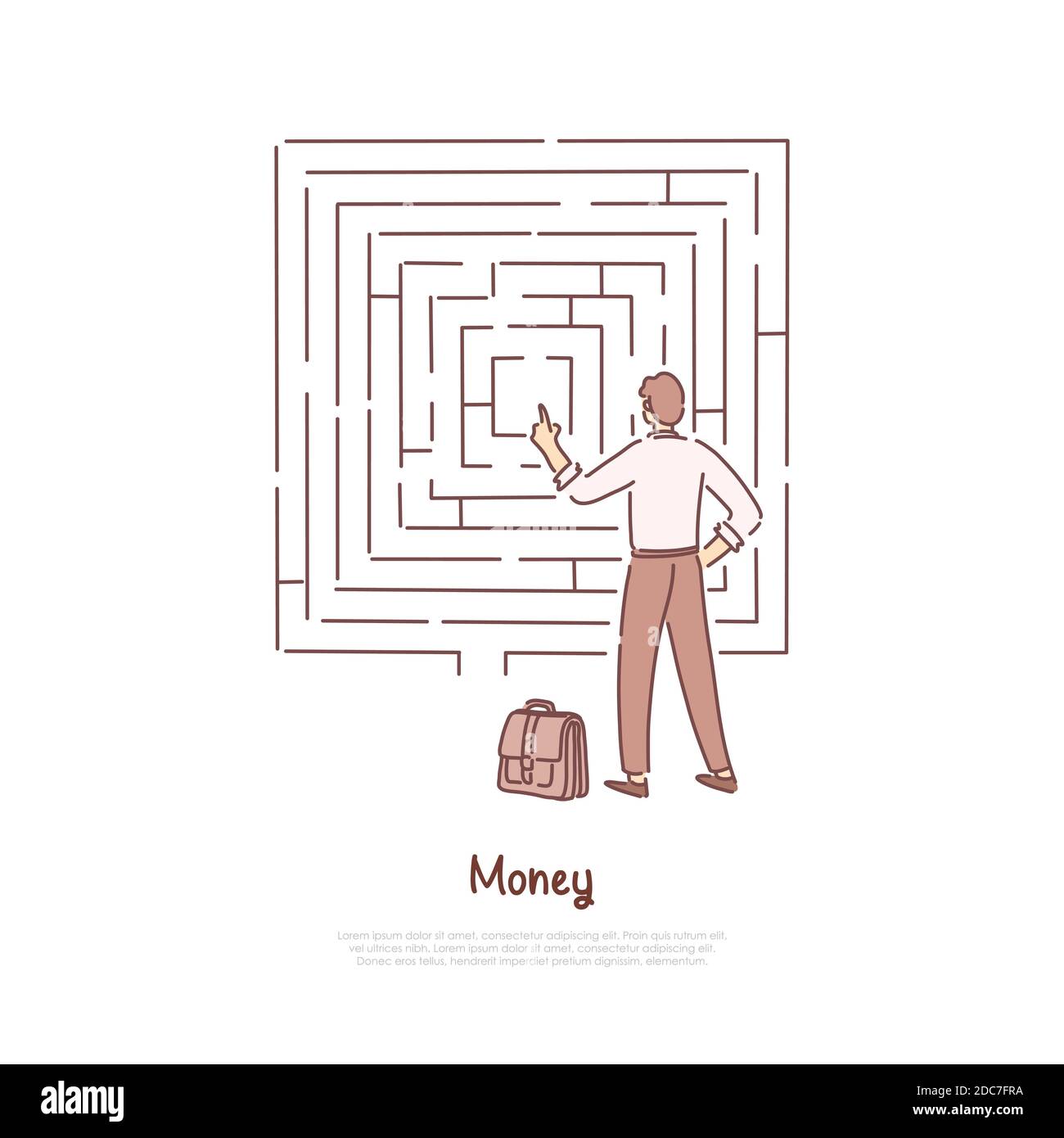 Office worker analysing maze, businessman with suitcase making ...
