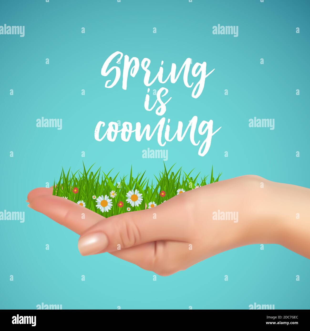 Grass and flowers in hand. Spring is cooming background. Illustration ...