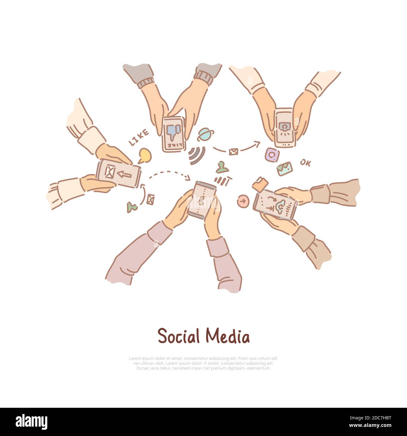 Friends chatting, online interactions, hands holding smartphones ...