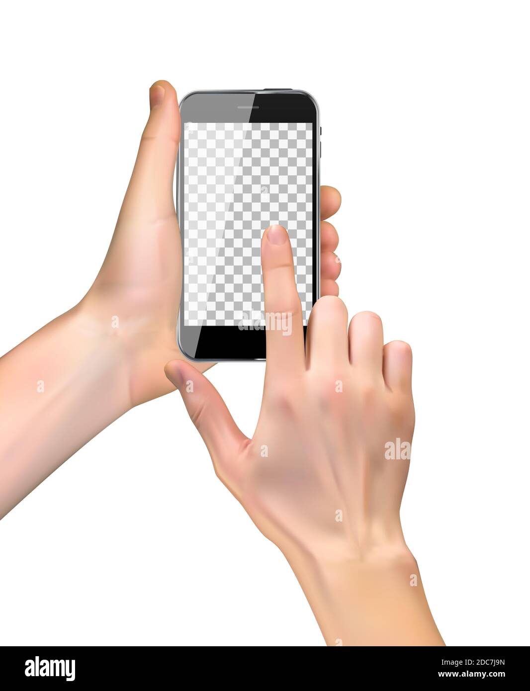 Realistic Hand holding mobile phone isolated on white background ...