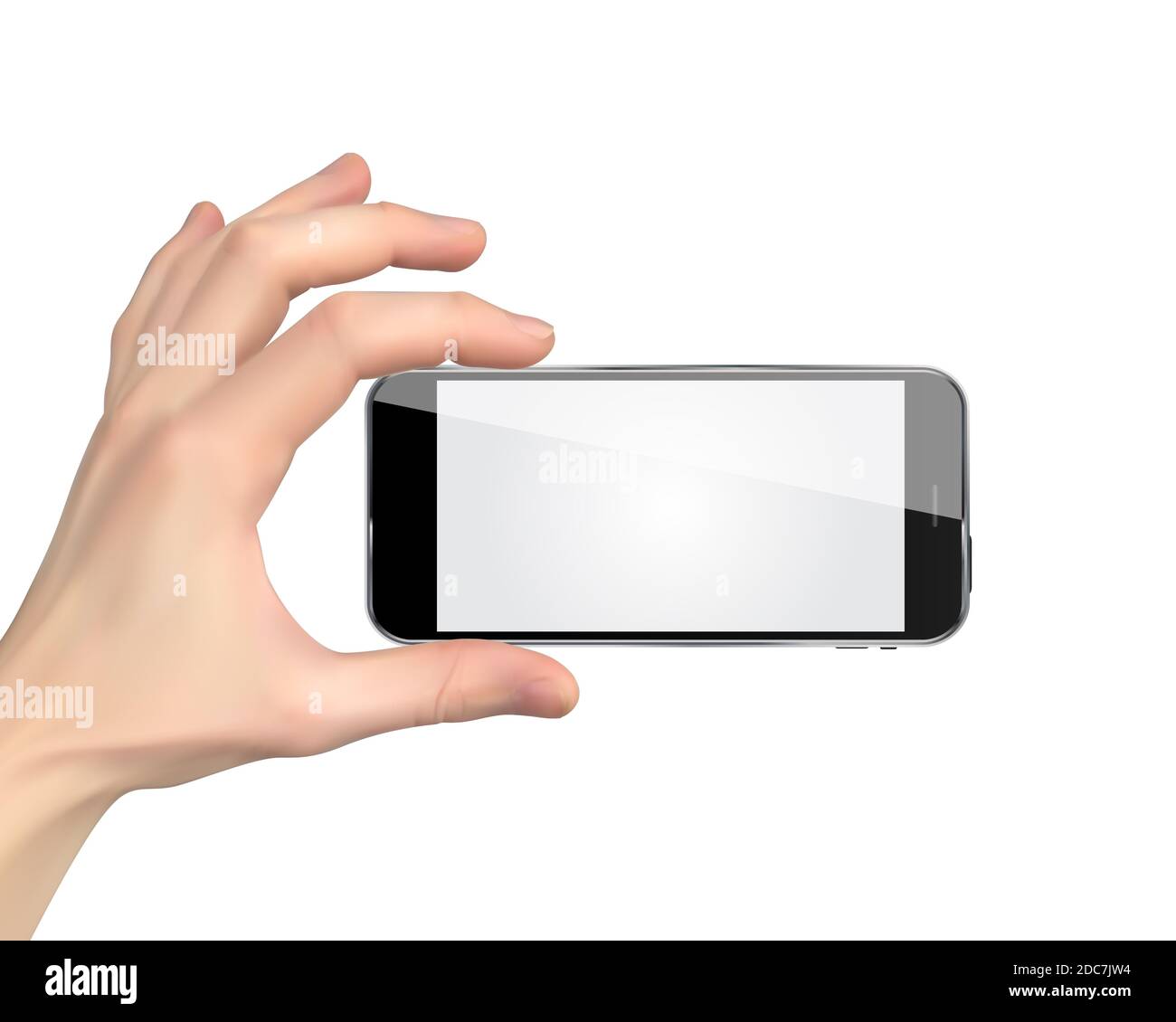 Realistic Hand holding mobile phone isolated on white background ...