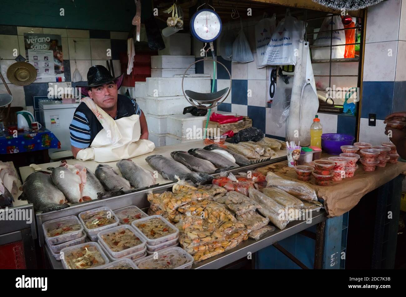 Osorno, Chile - February, 2020: sale Fish market stall with different ...