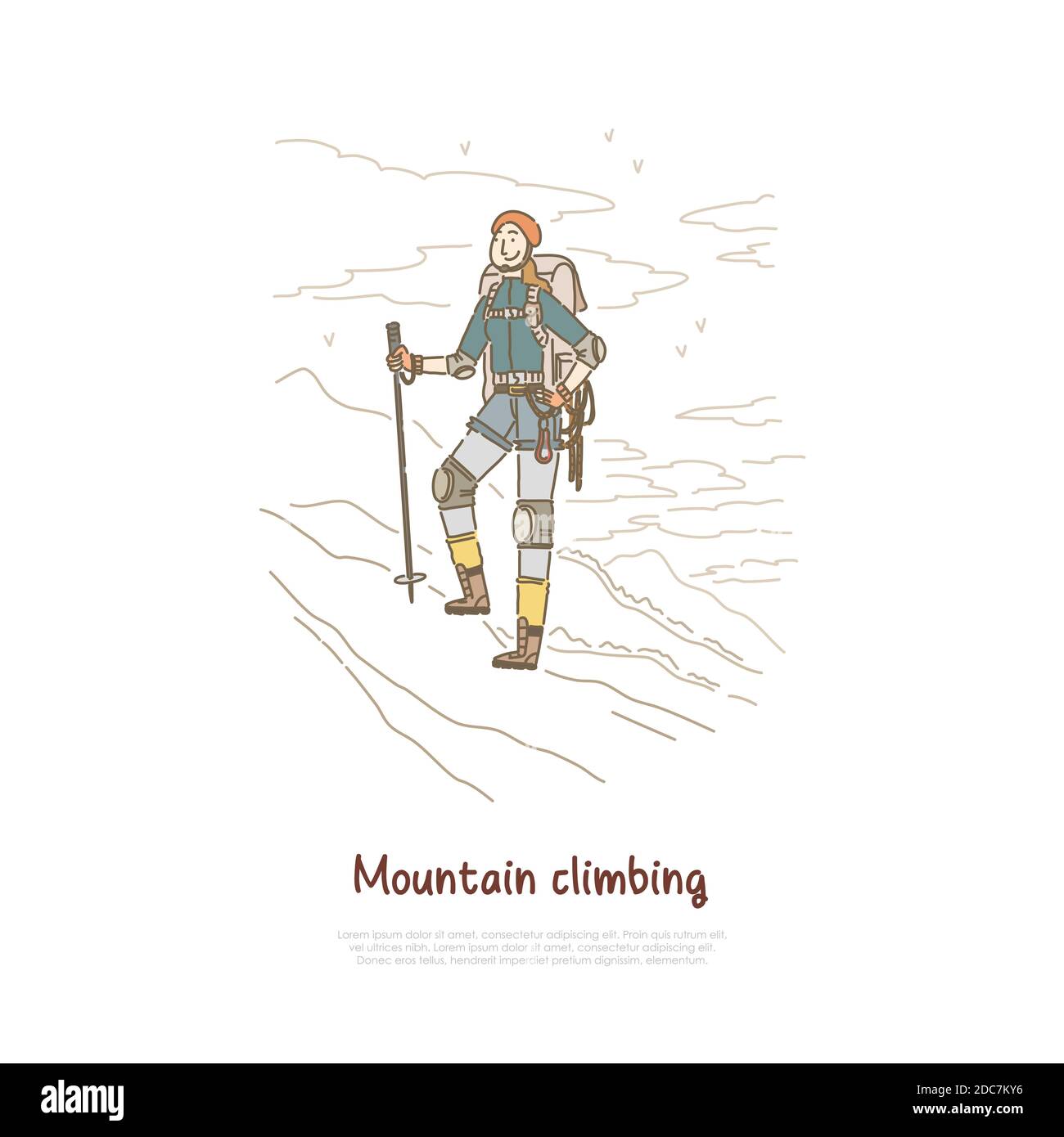 Hiking, mountain winter climbing, female hiker with professional ...