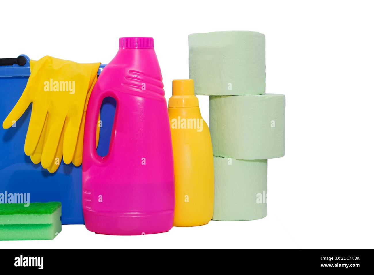 Cleaning items in bucket isolated on white background Stock Photo - Alamy