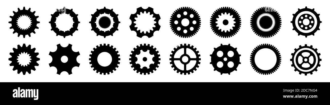 Simple gear icons. Wheels set on black background. Vector white ...