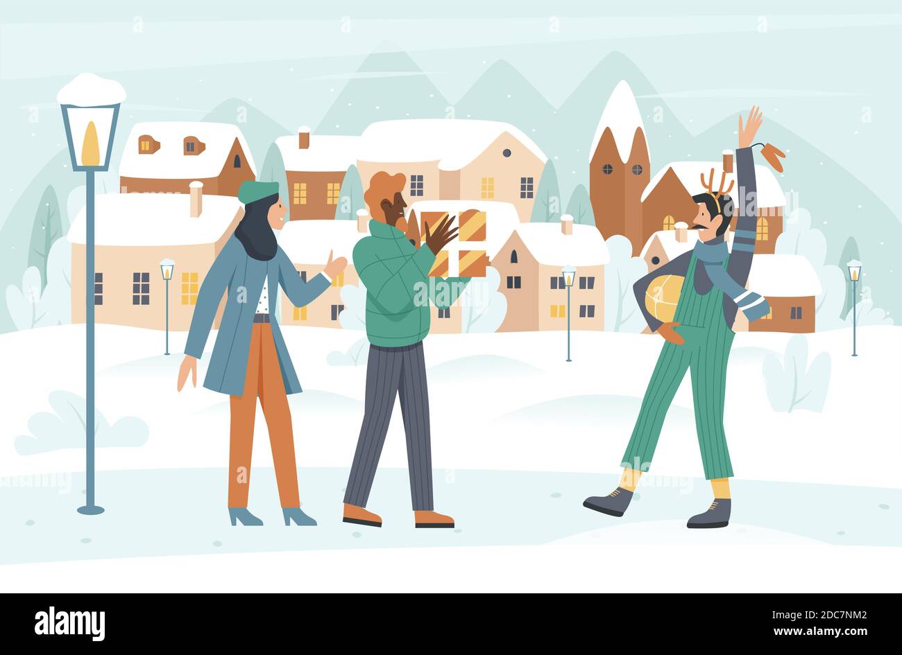 People meet on Christmas winter city street vector illustration ...