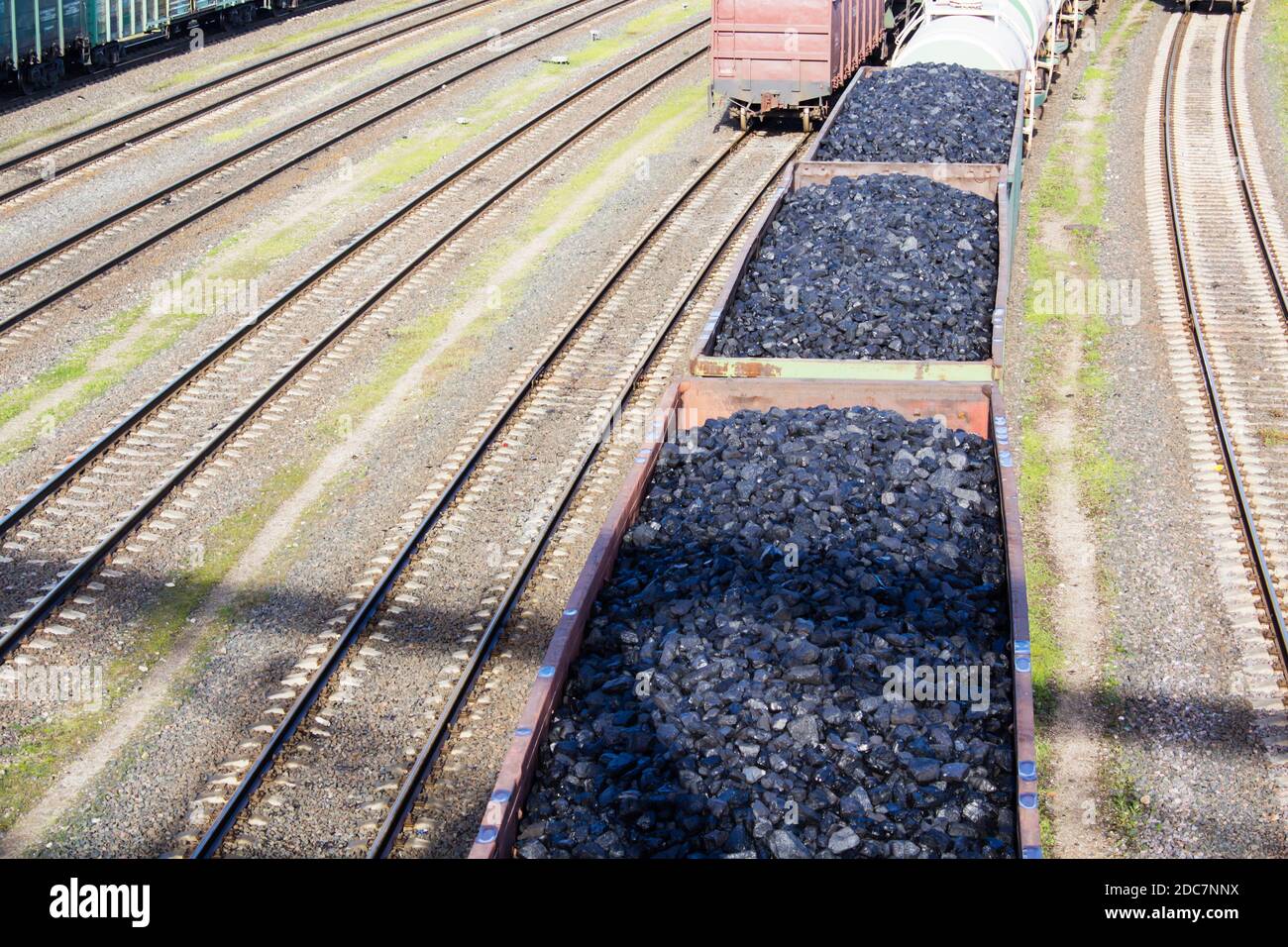 rail cars loaded with coal, a train transports coal. Many different ...