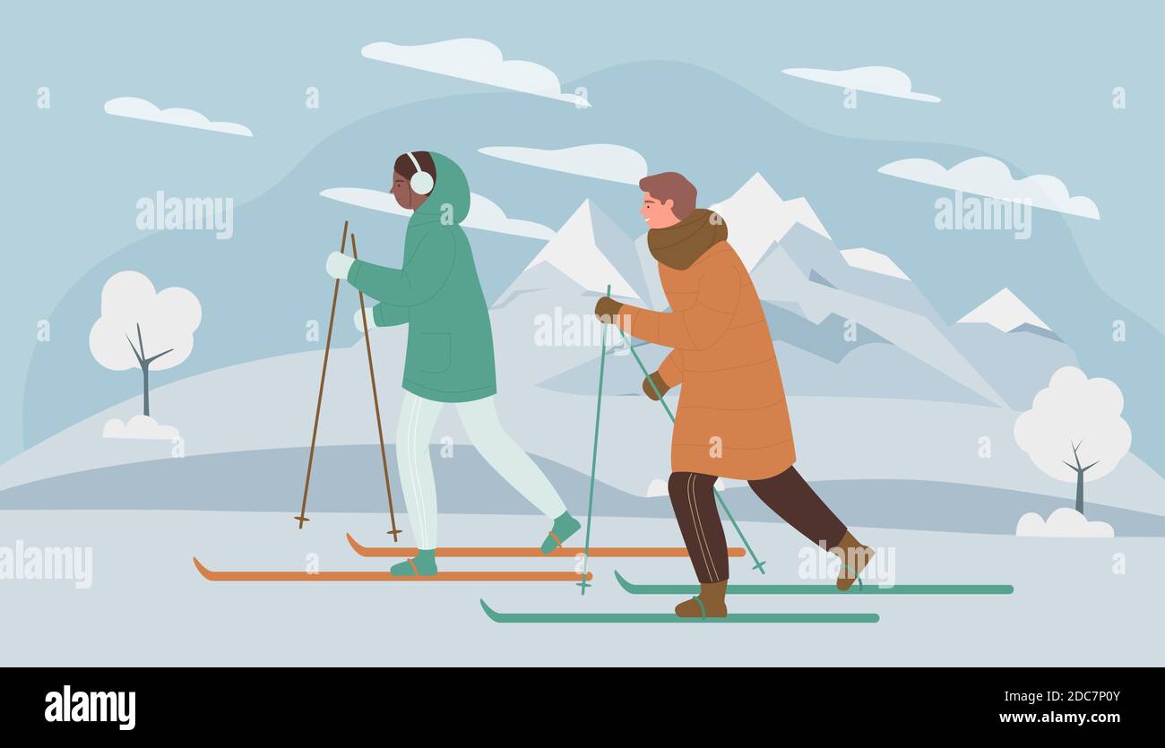 Winter ski sport people vector illustration. Cartoon man woman couple ...