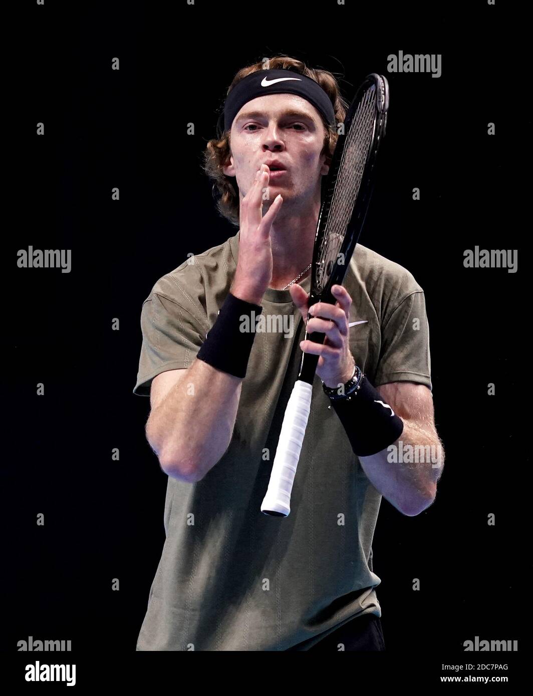 Andrey Rublev reacts during his match against Dominic Thiem during day ...