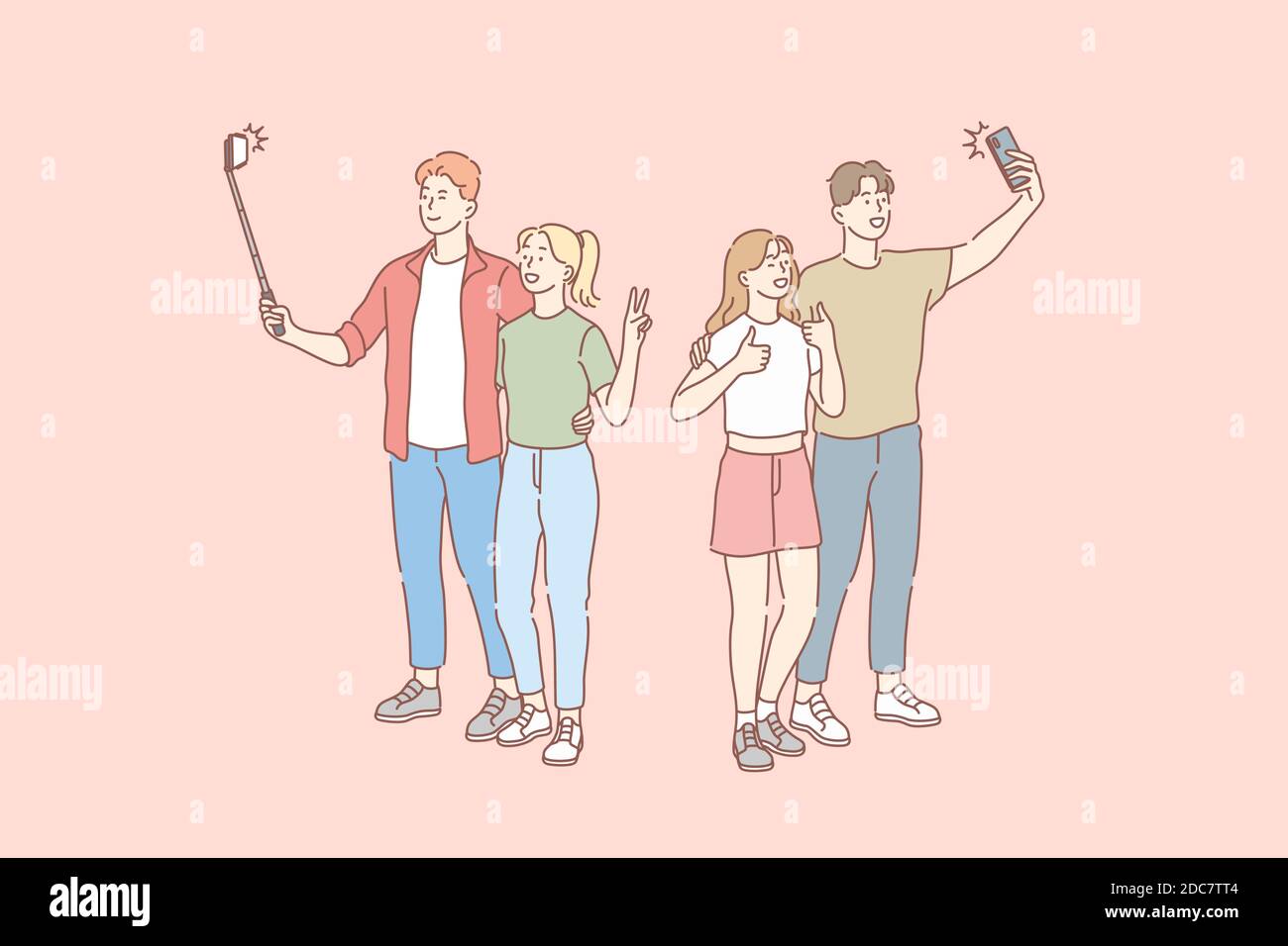 Selfie, blog, social media, couple concept. Group of young people ...