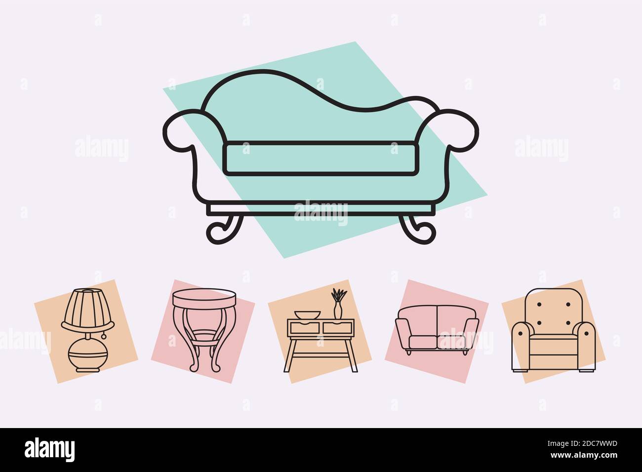 couch and furniture icon set over white background, line style, vector ...