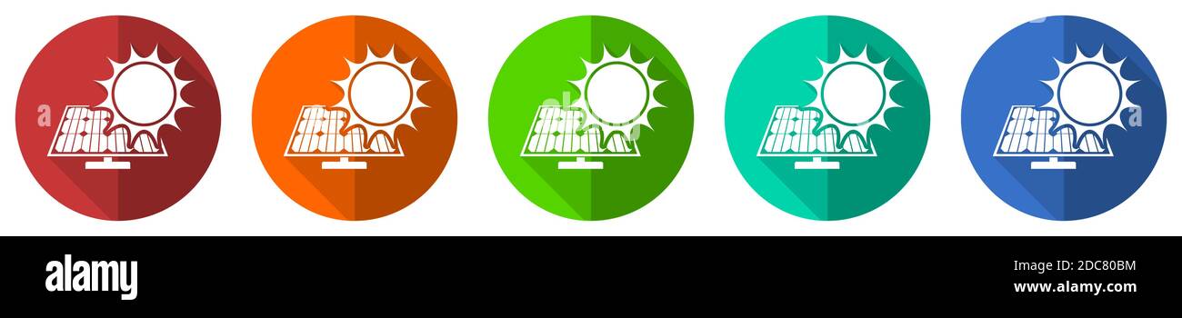 Sun over solar panel vector icon set, red, blue, green and orange flat ...