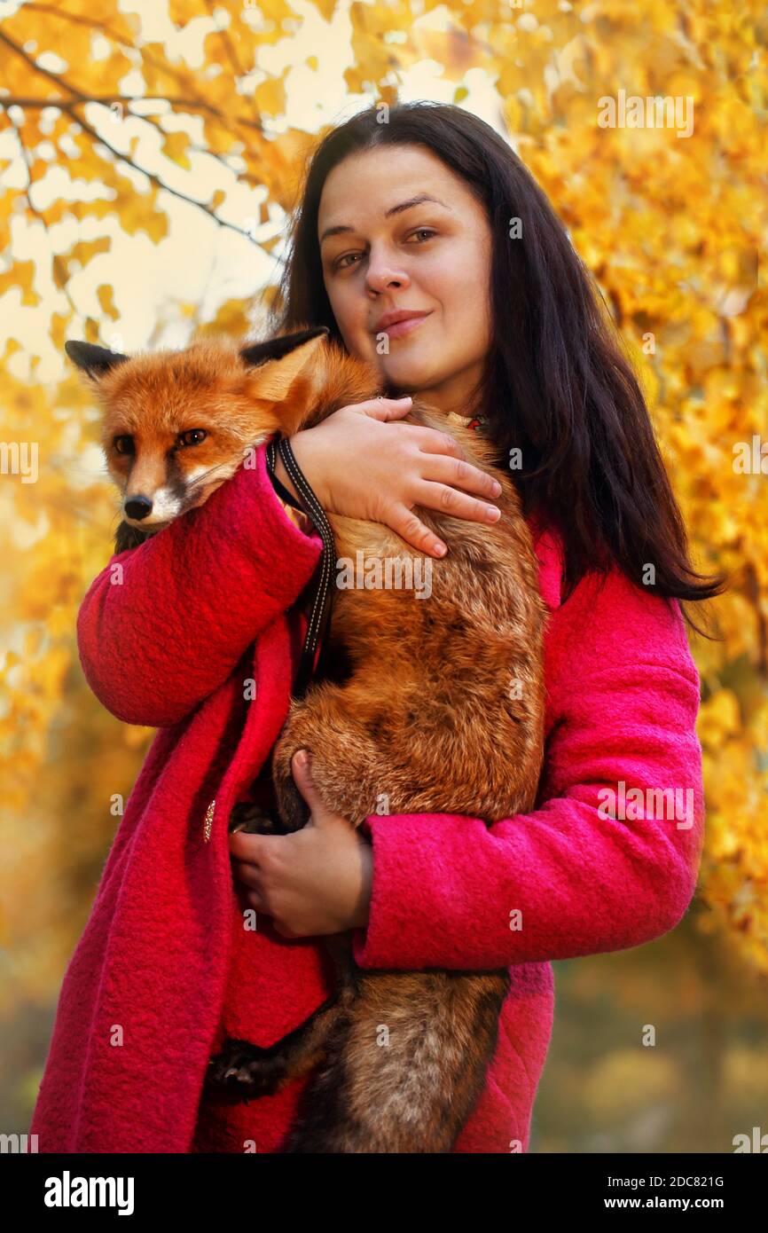 Girl holding fox in her arms in autumn park Stock Photo - Alamy