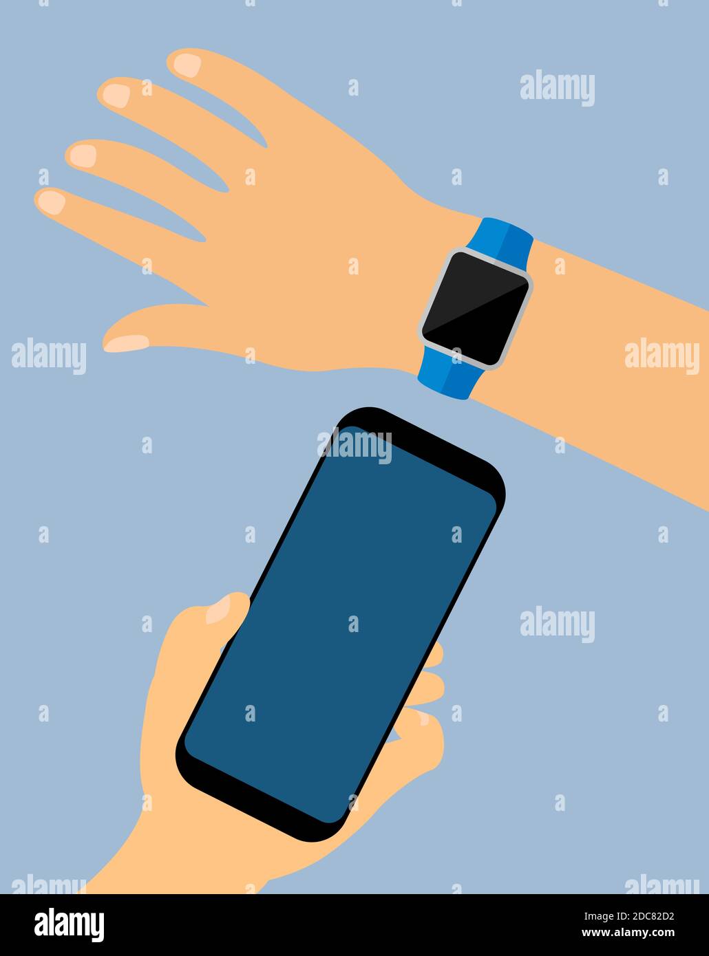 Hand wearing a smartwatch connected to a smartphone Stock Vector Image ...
