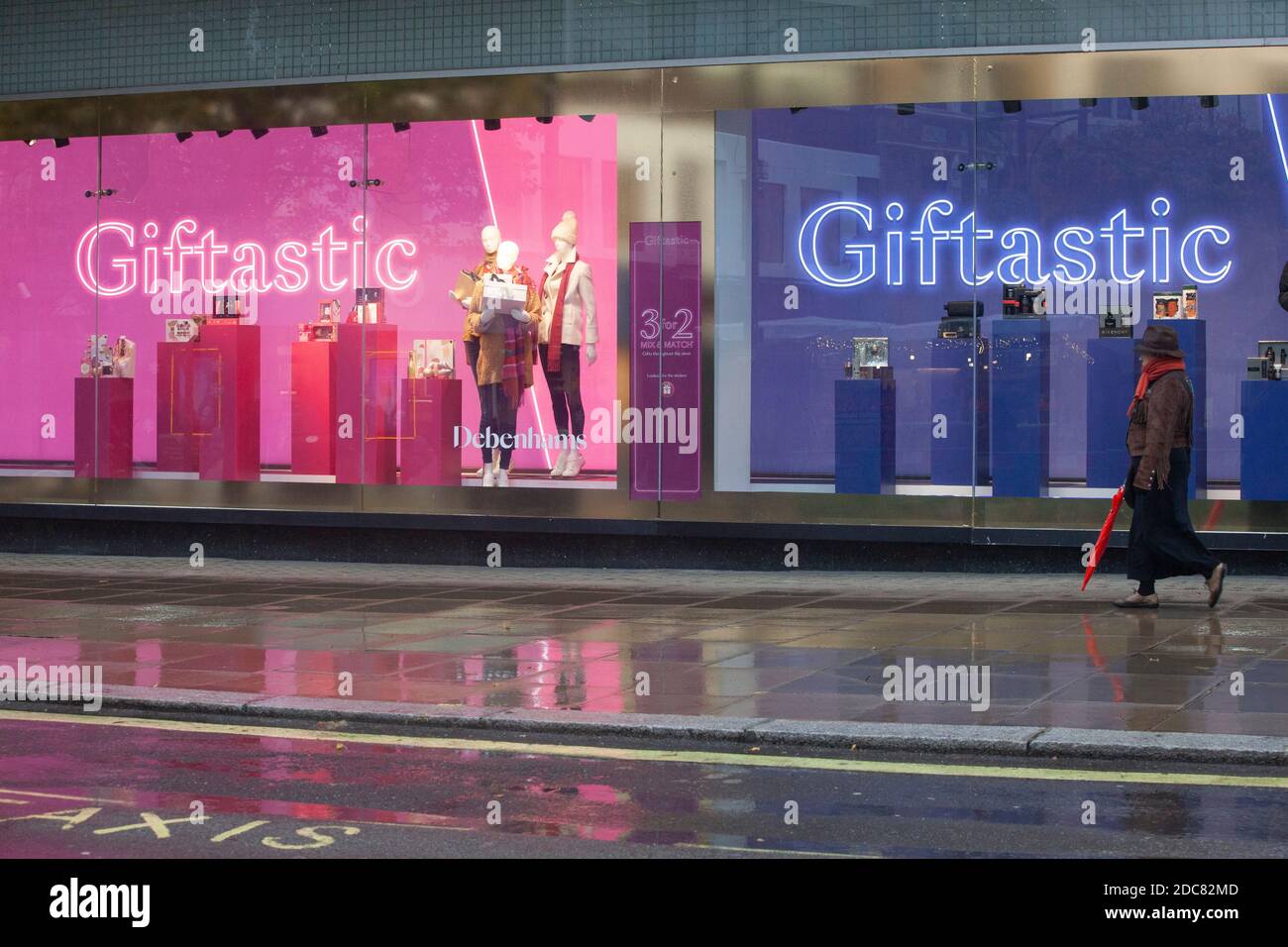 London, UK, 19 November 2020: The 'giftastic' window displays of Debenham's flagship store on ...