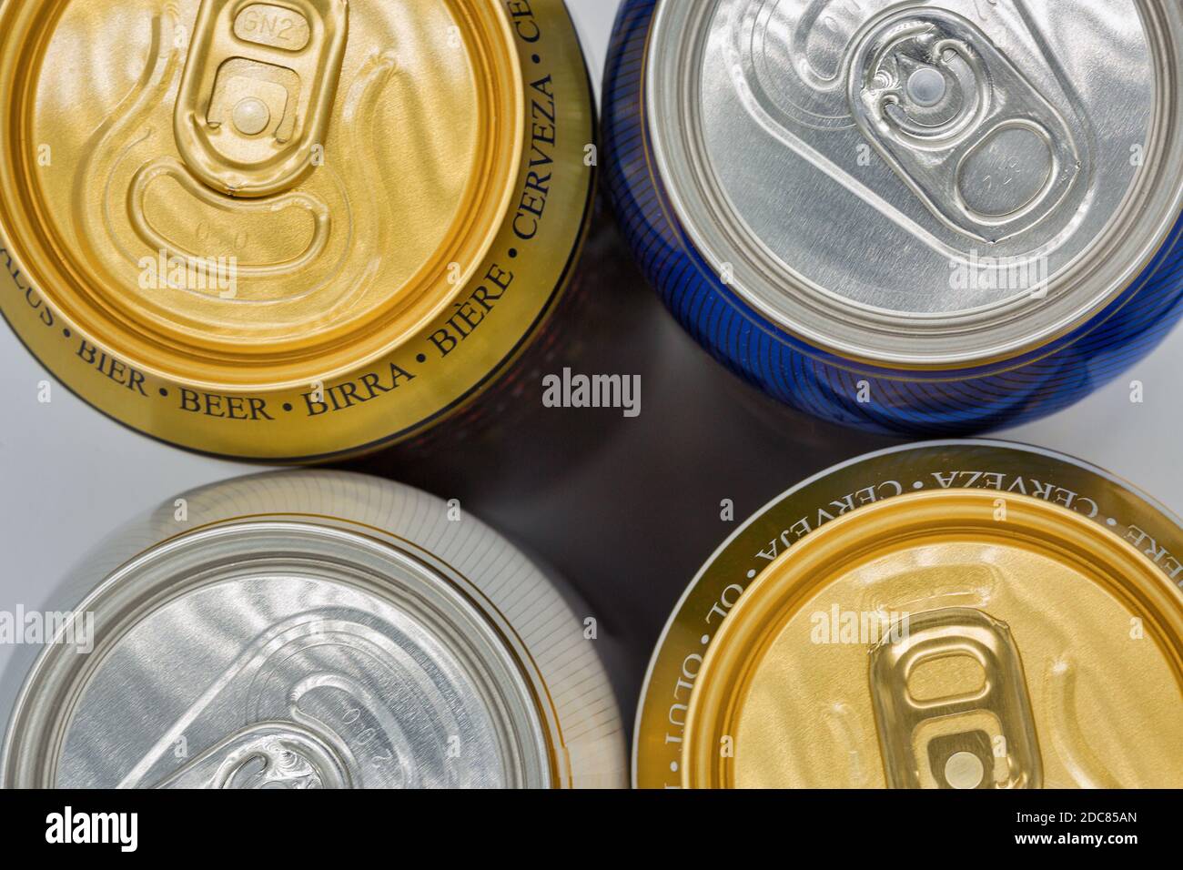 different closed beer drinking cans closeup view from above Stock Photo ...