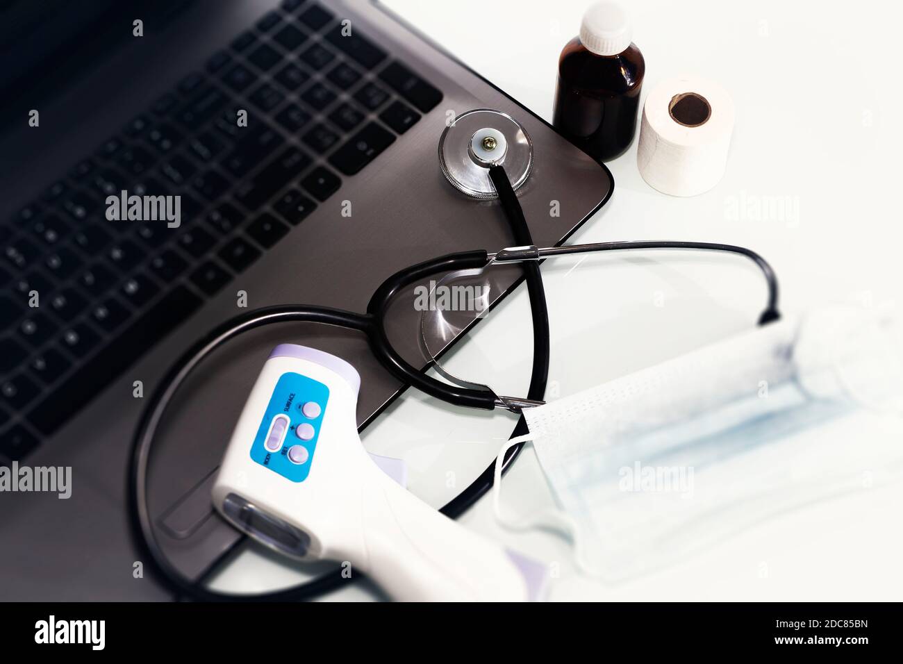 Stethoscope in the office of doctors.Top view of doctor's desk table ...