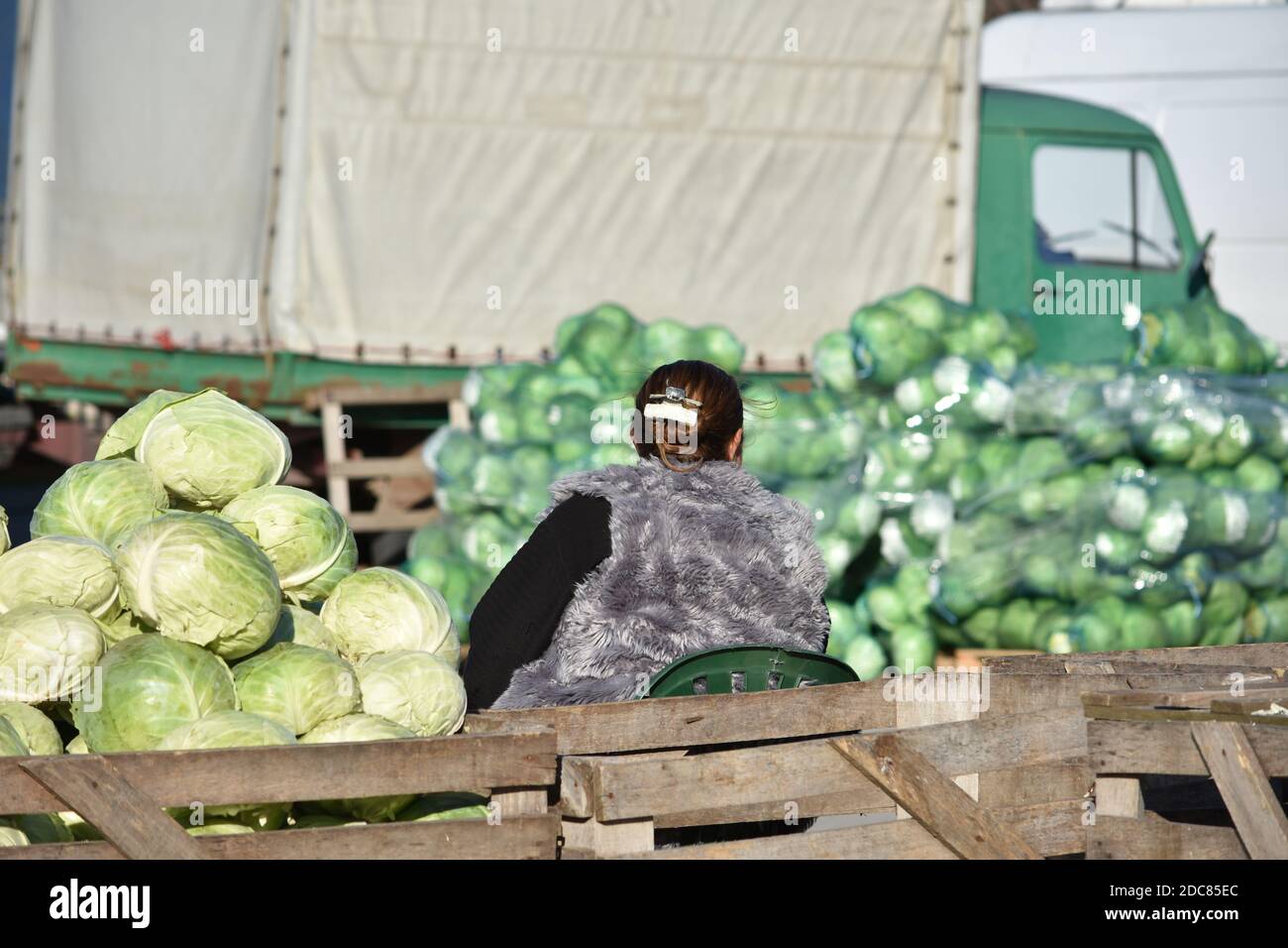 A lady sells cabbage at a local market in the city of Zenjanin Stock ...