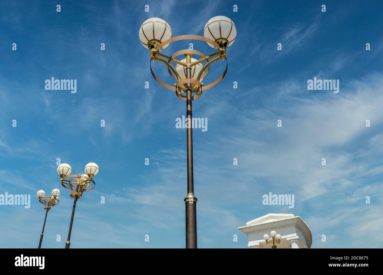 Street lights in Chernomorsk city, Ukraine on a sunny summer day ...