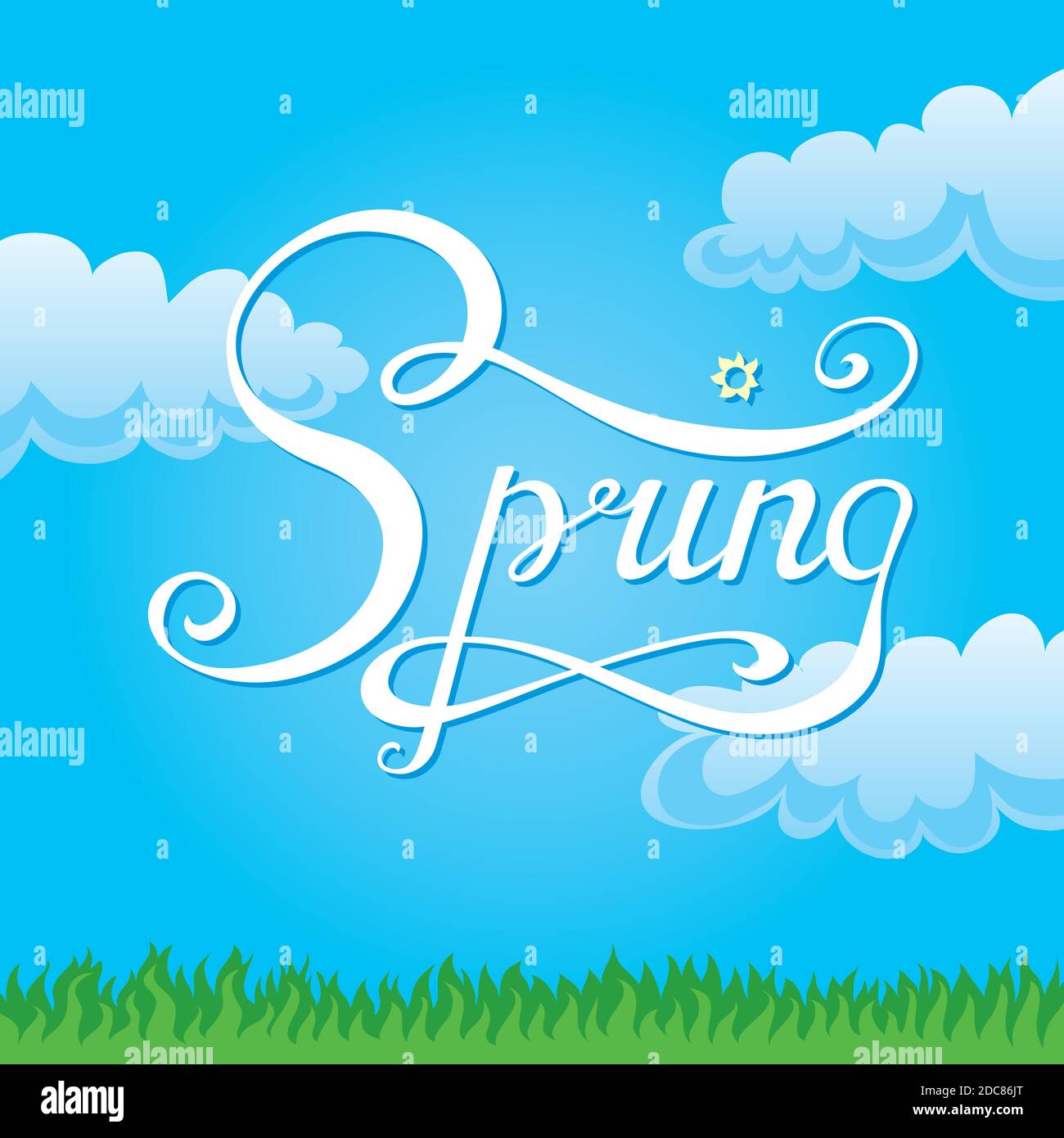 Calligraphic hand lettering spring is located on background of sky ...