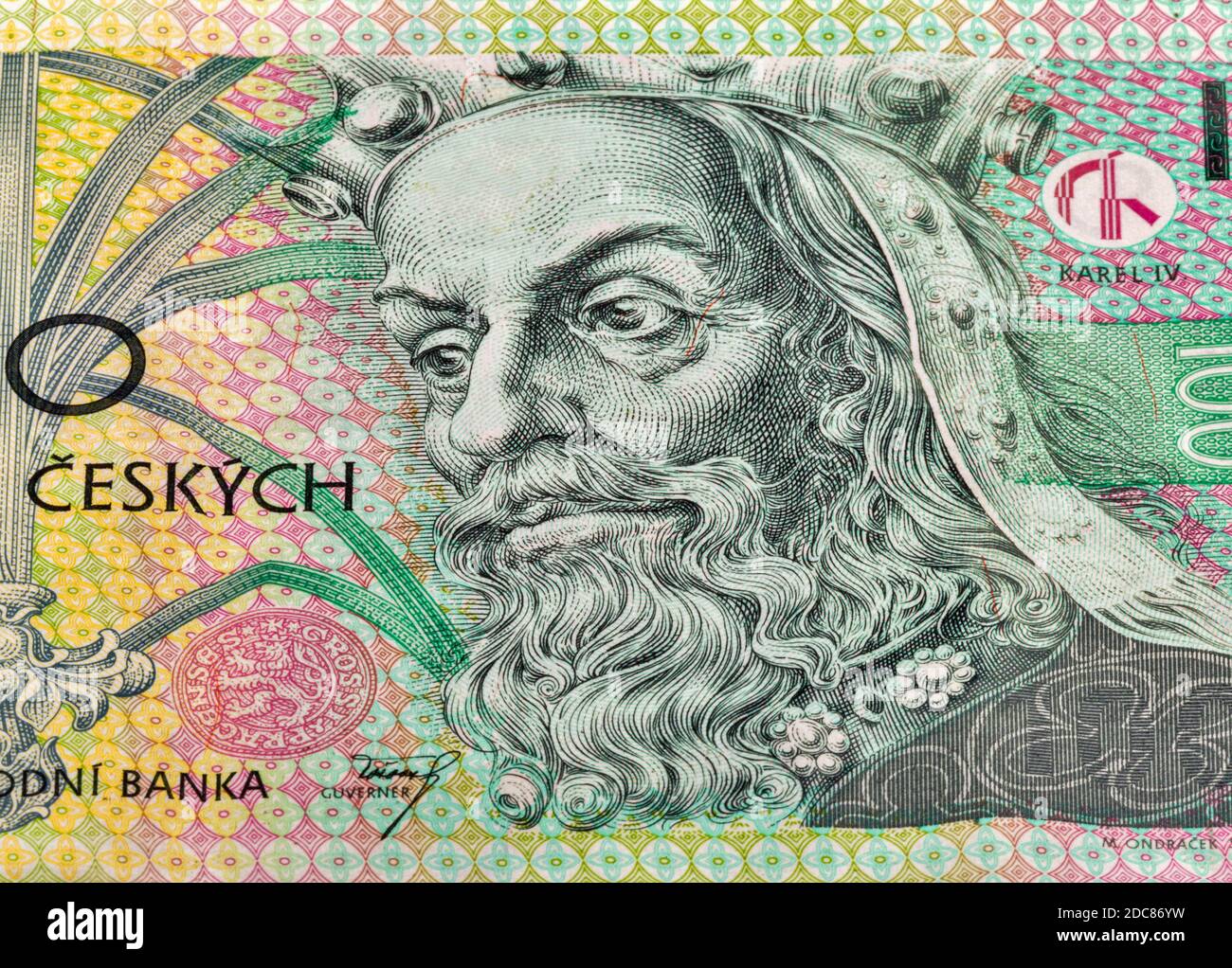 Part of a banknote of 100 Czech crowns closeup with Karl IV Luxembourg ...