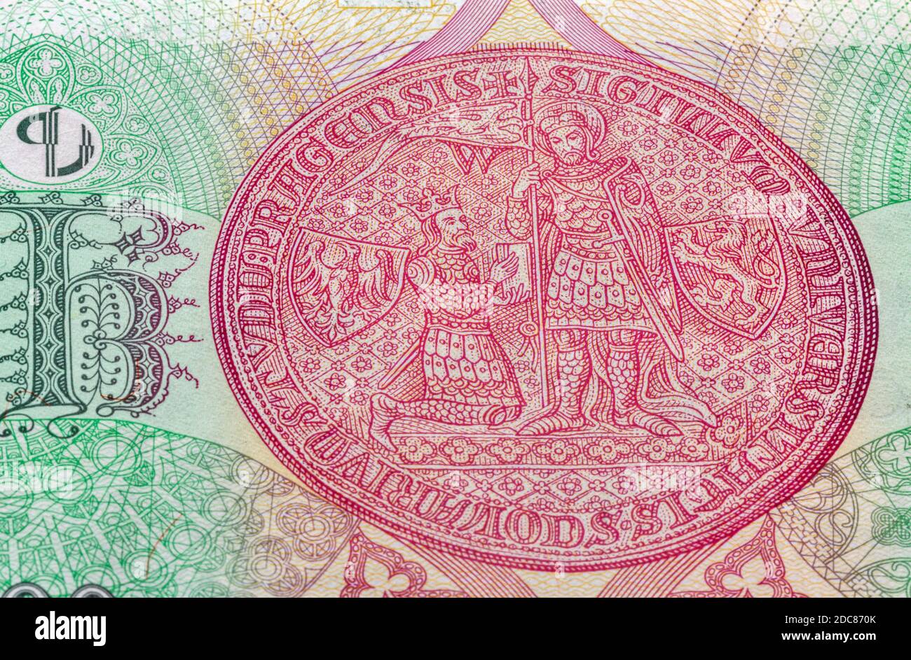 banknote of 100 Czech crowns reverse closeup with seal of Charles ...